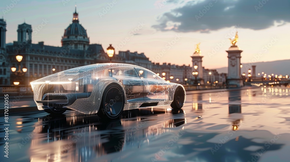 Innovative car with clear body panels cruising past city monuments ...