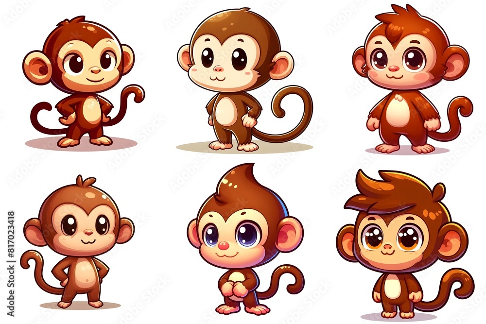 Cartoon illustrations of cute monkeys, set of animal game characters ...