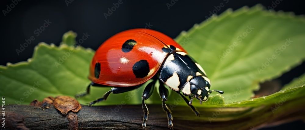 A red ladybug sits on a green leaf. The ladybug has black spots on its ...