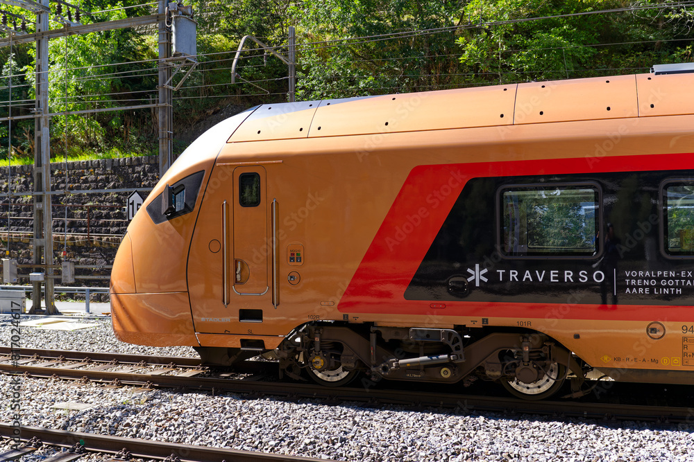Golden SOB train destination Locarno at Swiss railway station Göschenen ...