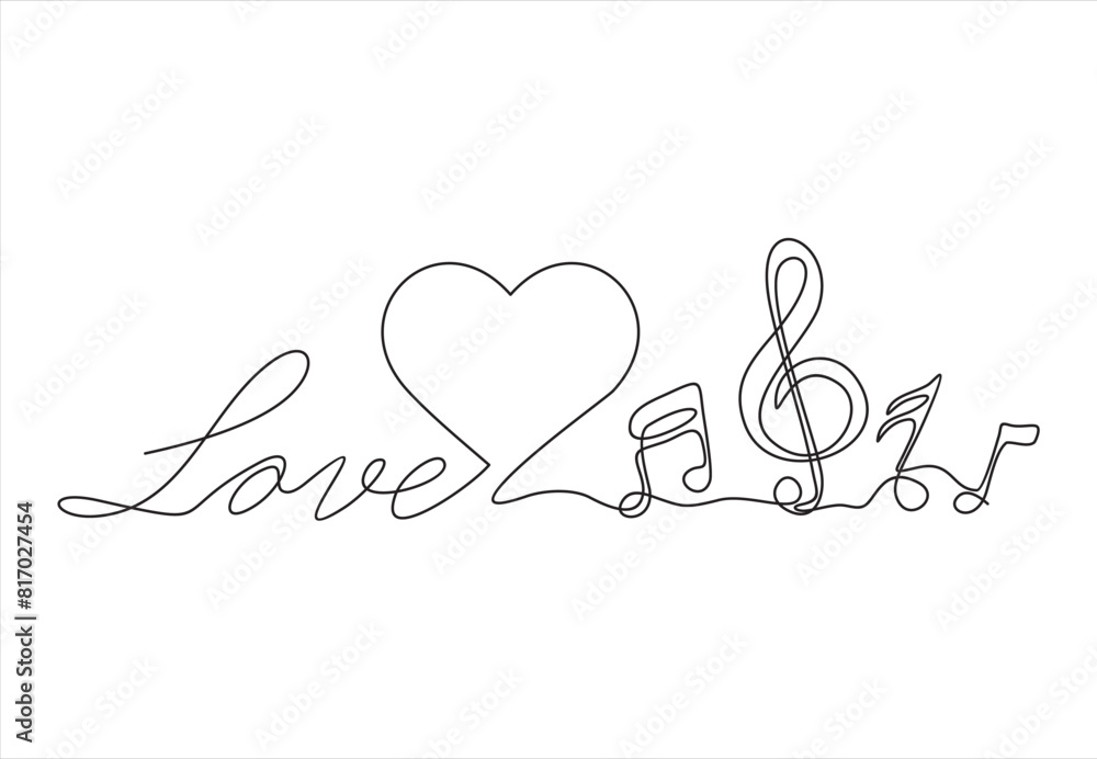 Music note in form heart and treble clef, continuous one art line ...