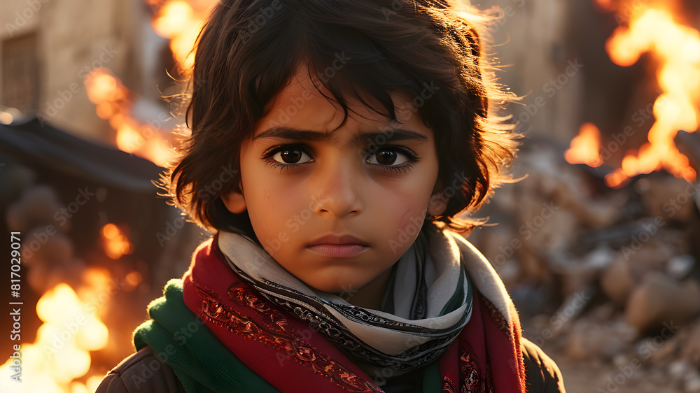Sad child from Palestine, Gaza, wearing scarf, fire, explosions ...