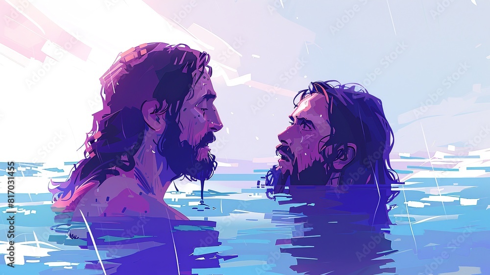 A serene and minimalistic illustration of Jesus being baptized ...