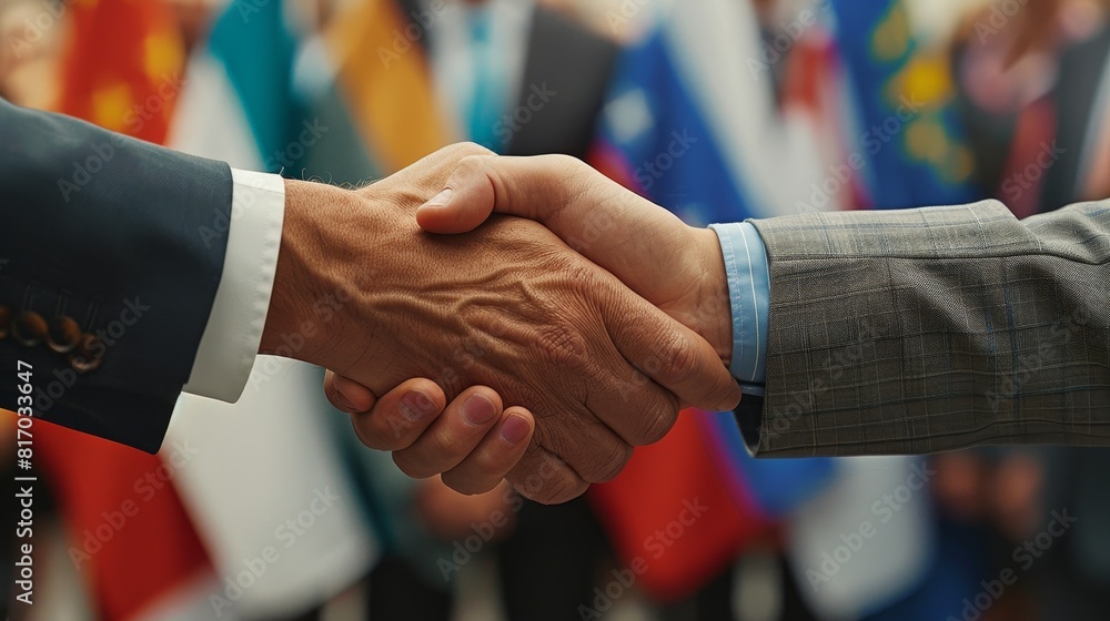 Politicians from different nations shaking hands at a summit, close up ...