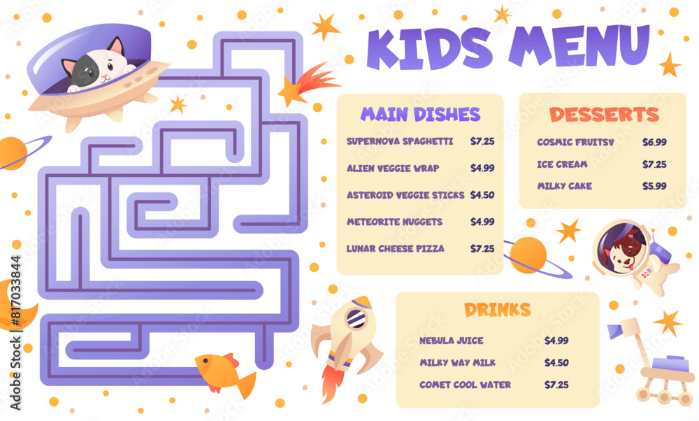 Kids menu with cute character animal in spacesuit, planets and rocket ...