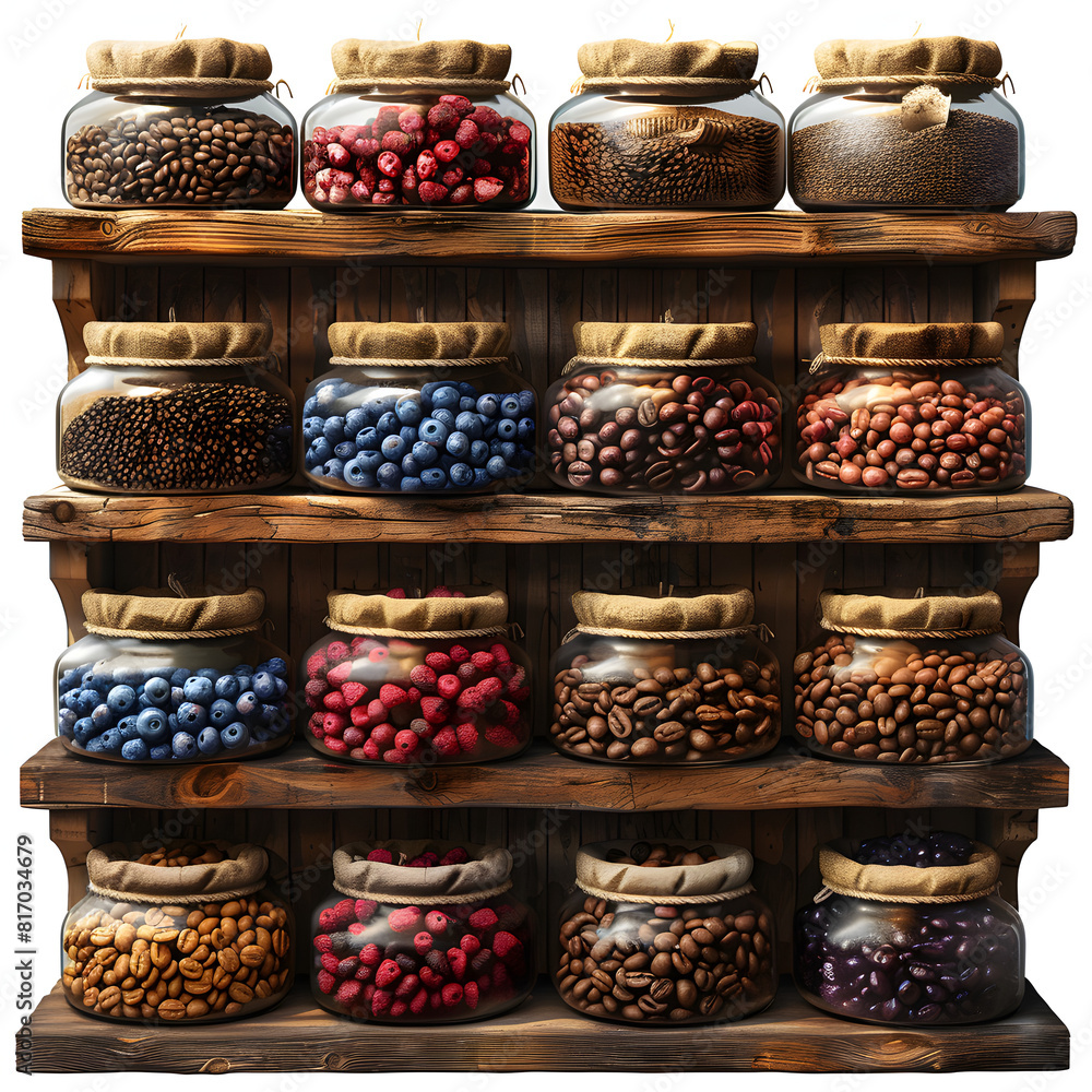 Assorted coffee beans stored in labeled containers on a coffee shop ...