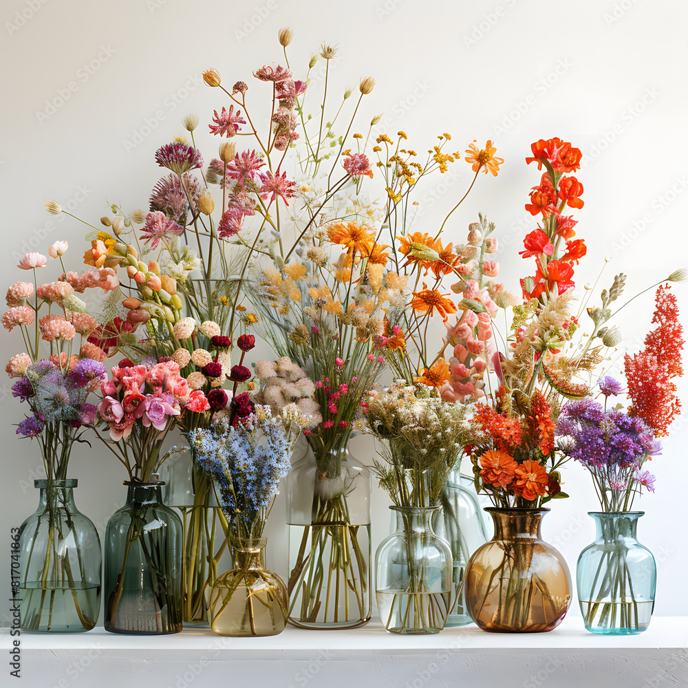 Different types of fresh flowers arranged in vases on a floral shop ...