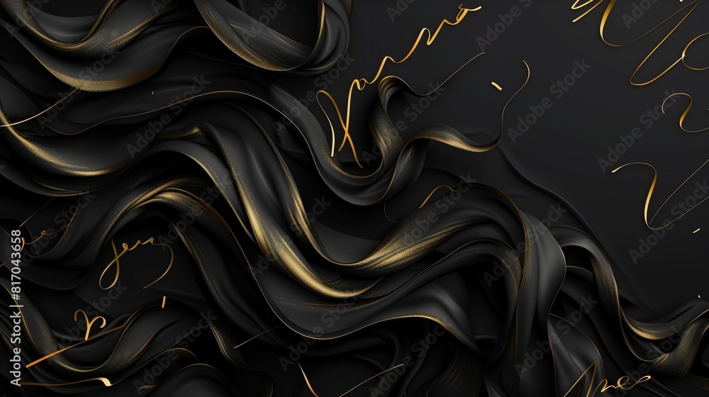 : An abstract black background adorned with intricate, gold script text ...