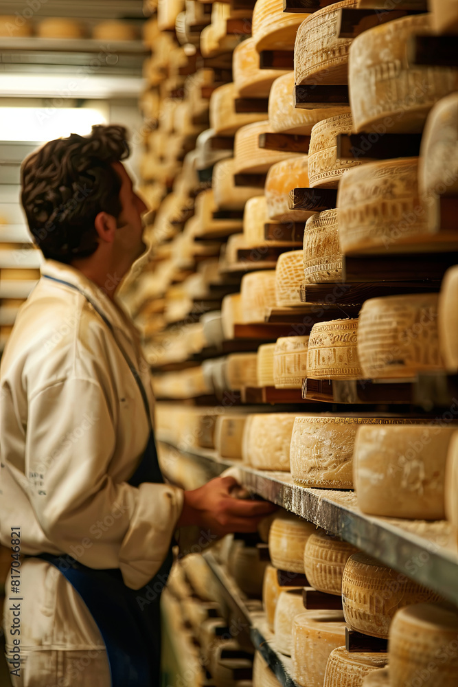 Cheesemaker is controlling the seasoning lots of wheels of parmesan ...