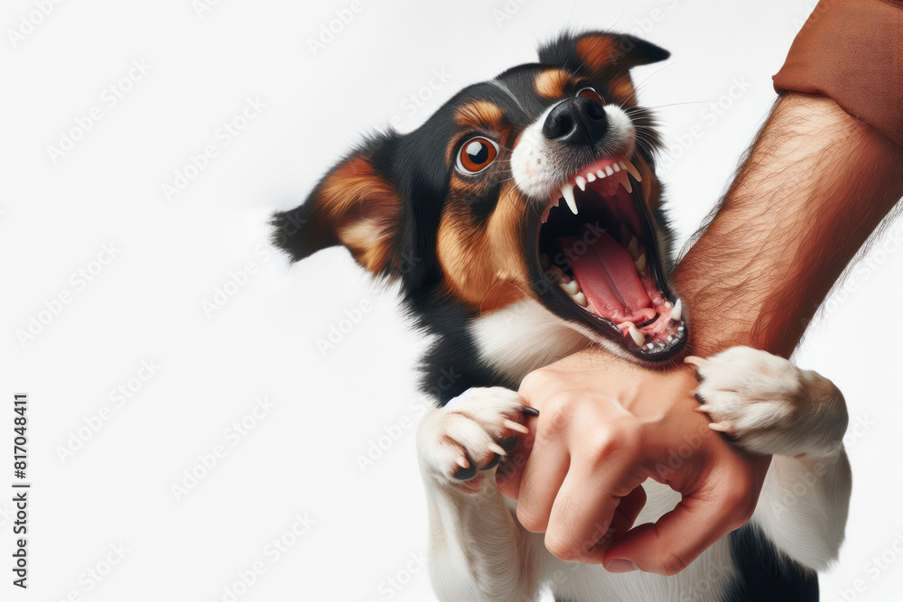 An angry dog with open mouth bit a man hand isolated on a white ...