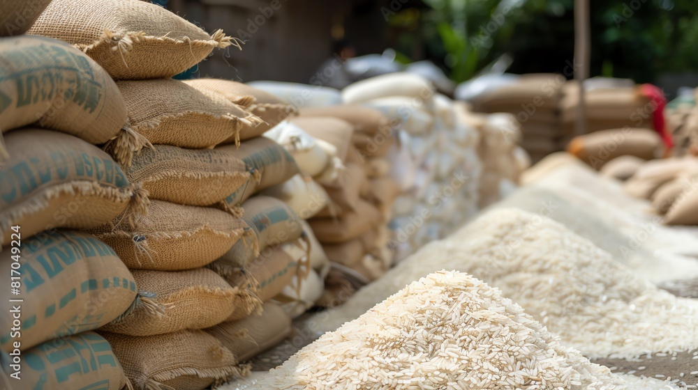 Stacks of sacks filled with white rice sit in a warehouse, ready to be ...