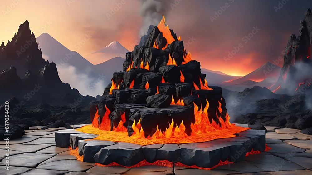 Fire lava podium rock volcano background product magma display 3d scene ...