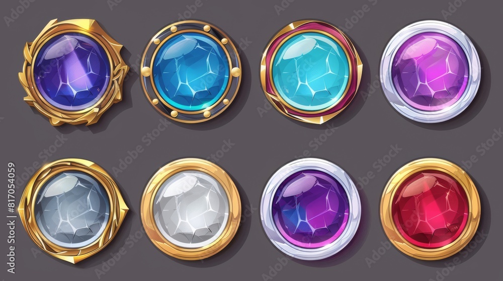 UI rank border badge icon. Round gold level achievement ring set. Metal ...