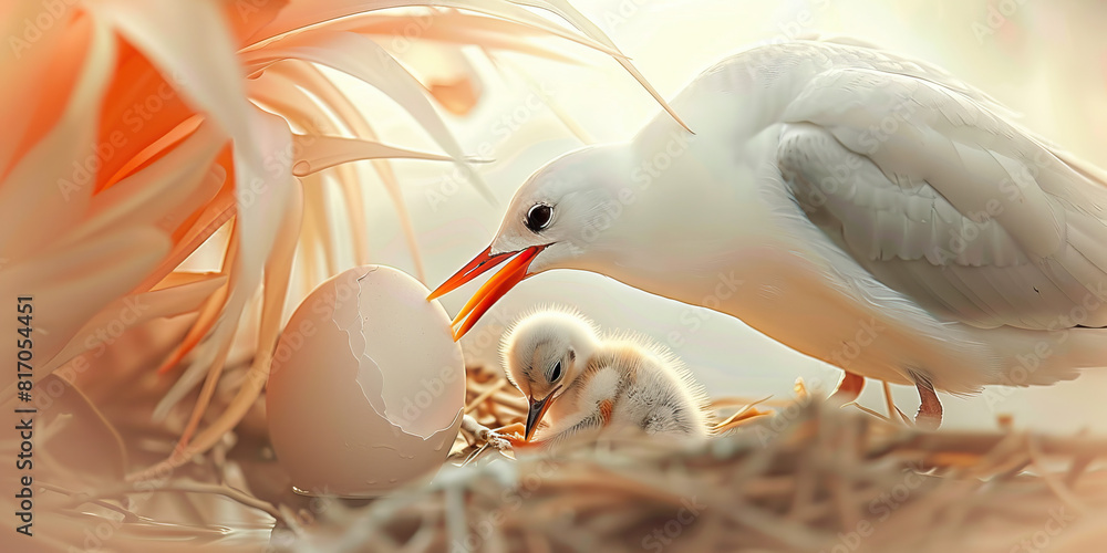 Caring Moment: A mother bird lovingly feeds her hatchling, symbolizing ...
