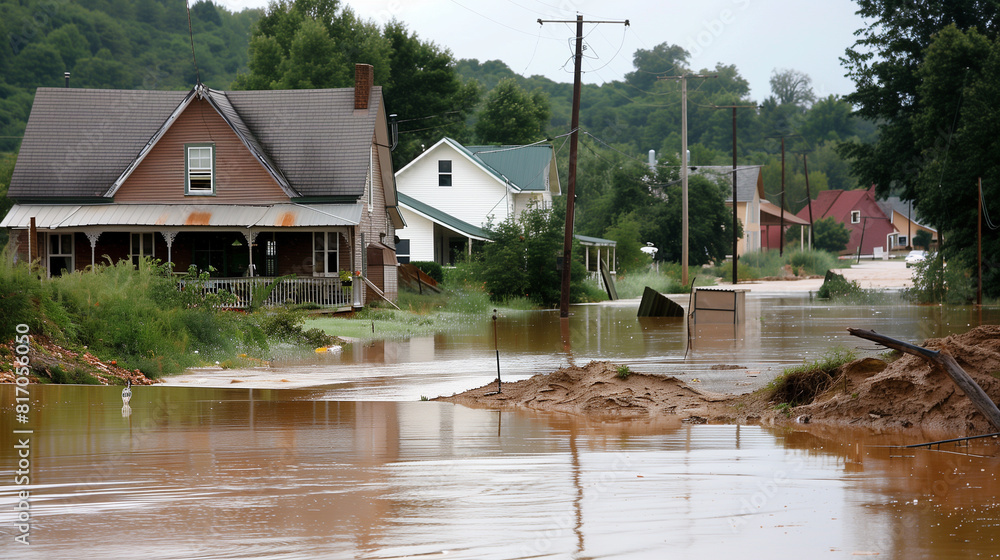 flooding of a road in a small town ground view, spring flood of the ...