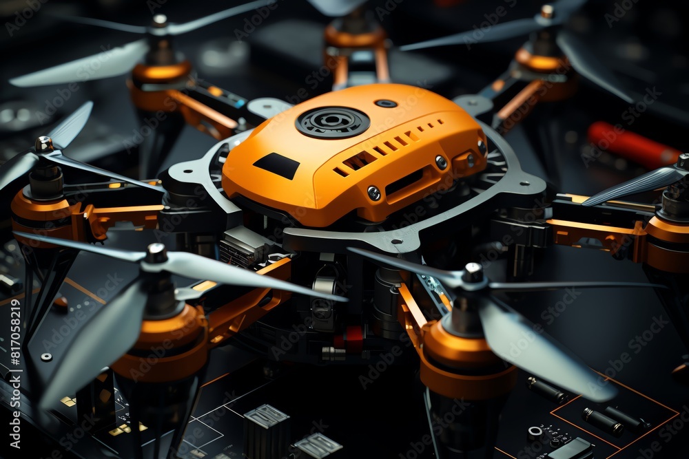 High tech lab drones flying over equipment, top view, aerial ...