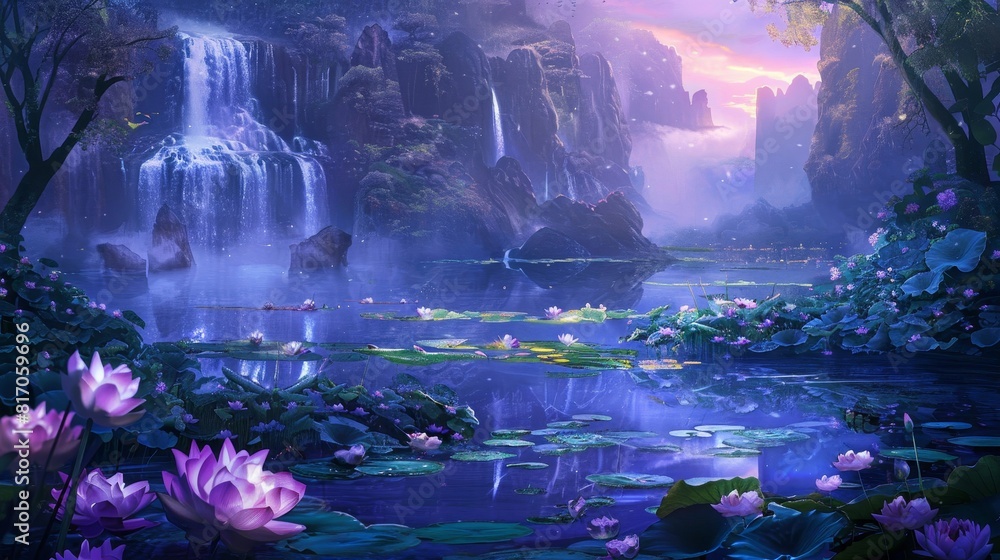 Lotus garden: misty shadows cobalt hues cascading waterfalls background ...