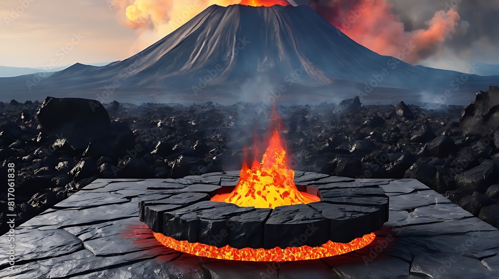 Fire lava podium rock volcano background product magma display 3d scene ...