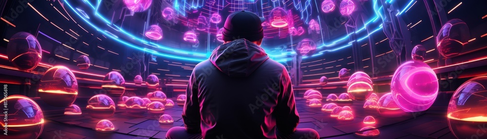 Imagine a levitating breakdancer in a digital-worms-eye view Use ...