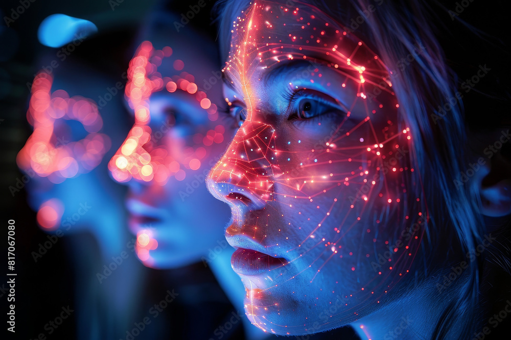 Caras de las chicas escaneadas por láseres, tecnología y futuro Stock ...