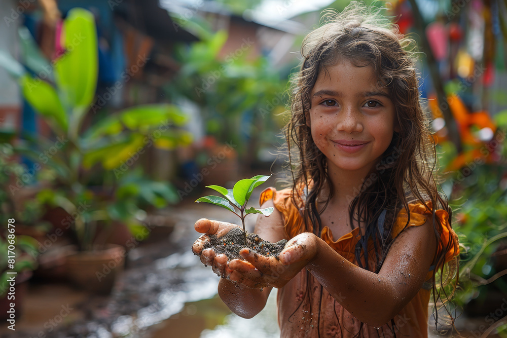 Niña con las manos extendidas mostrando tierra con una planta en ...