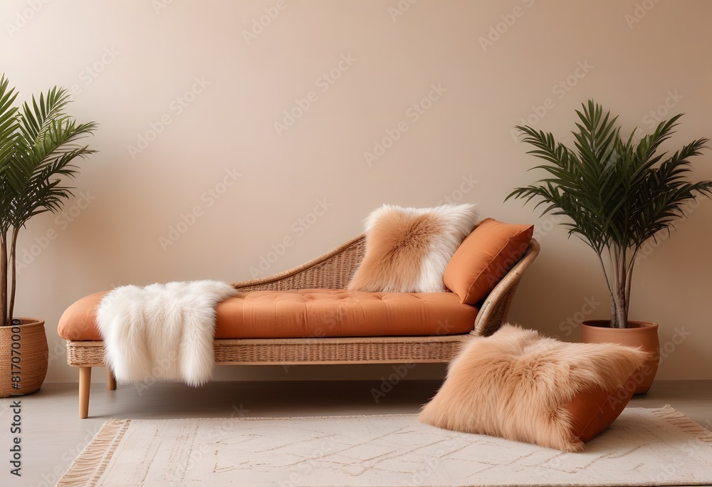 Wicker chaise lounge sofa with terra cotta pillows and fur plaid near ...