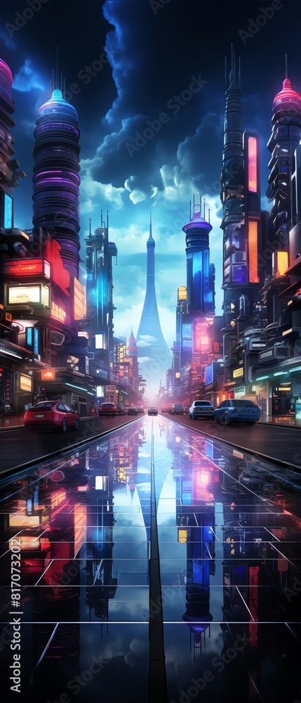 Labeled AI designed public spaces in futuristic city, front view, neon ...