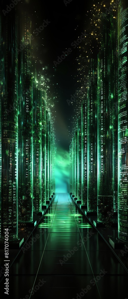 Matrix code on Labeled AI coding screen, side view, algorithm ...