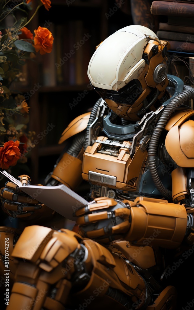 Humanoid robot engrossed in a classic novel, top view, intellectual ...