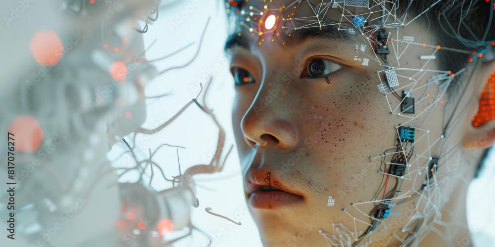 His body is a canvas of tech, from the neural link in his temple to the ...