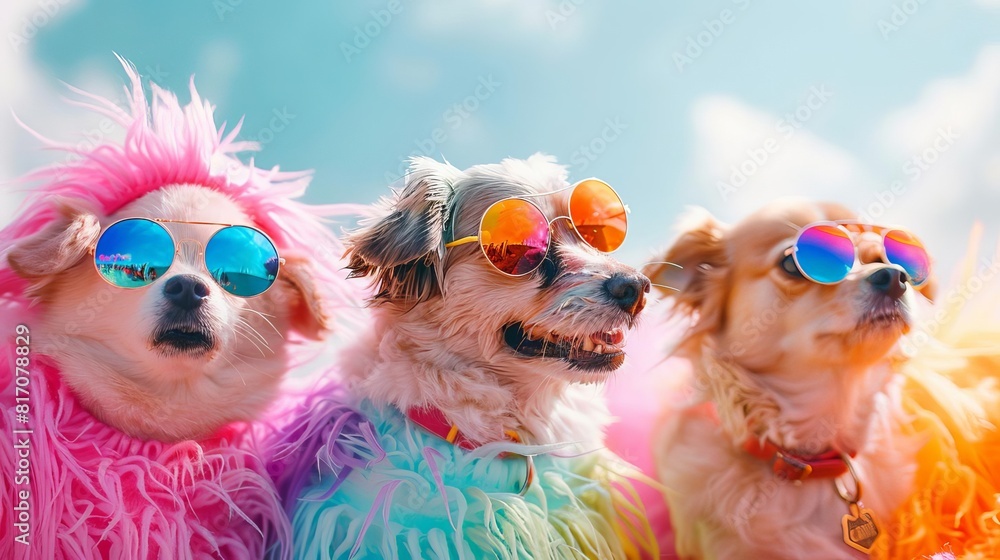 dogs parade at a Pride Festival, pets in rainbow costumes, whimsical ...