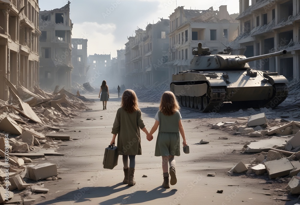 Two homeless little girls walking in the destroyed city, soldiers ...