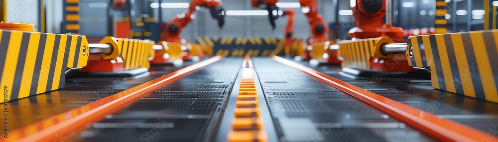 Safety barriers around a robotic assembly line, front view, ensuring ...