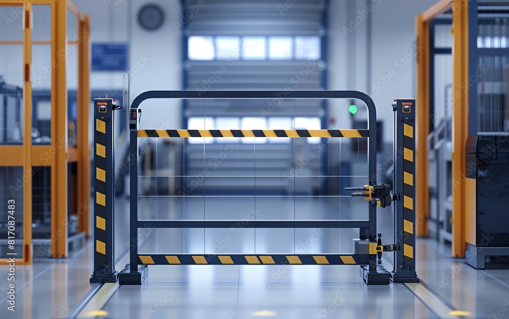 Safety barriers in a robotics engineering lab, front view, preventing ...