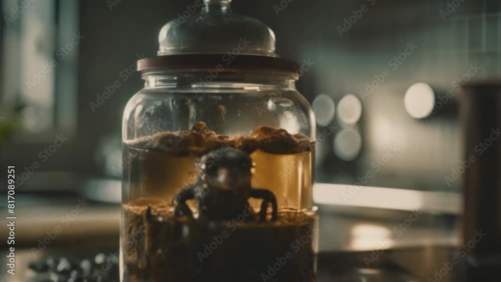 Alien frog like creepy mutant creature in a jar, in a laboratory ...