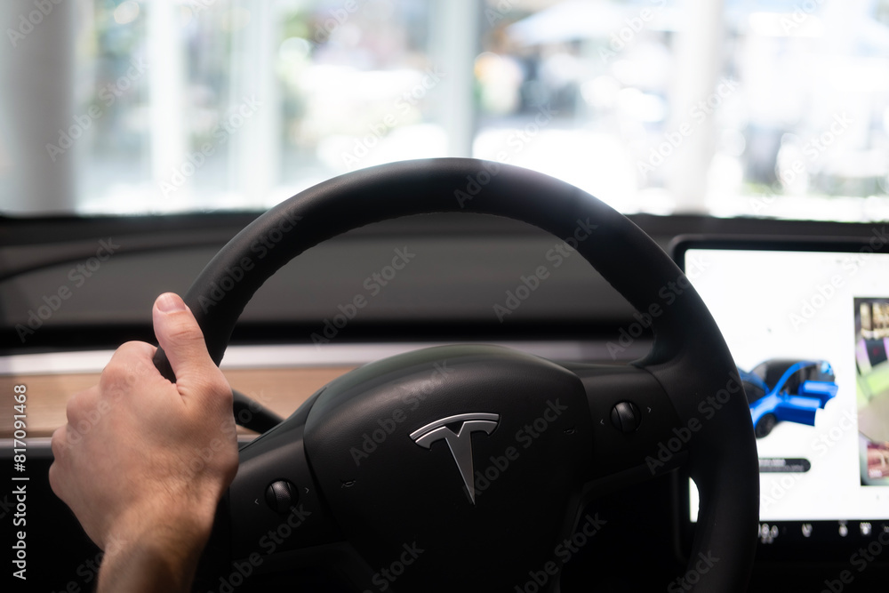 male hand on Driver's column, Behind steering wheel Tesla model Y ...