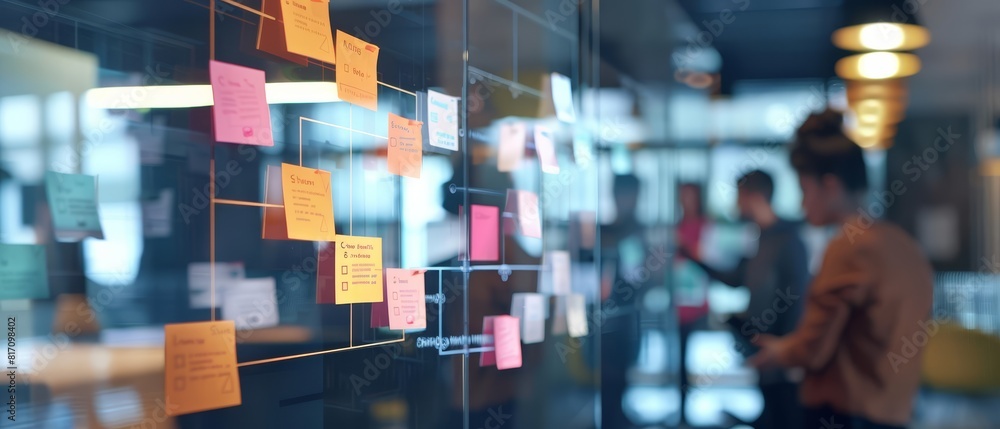 Close up of a process improvement workshop, with employees interacting ...