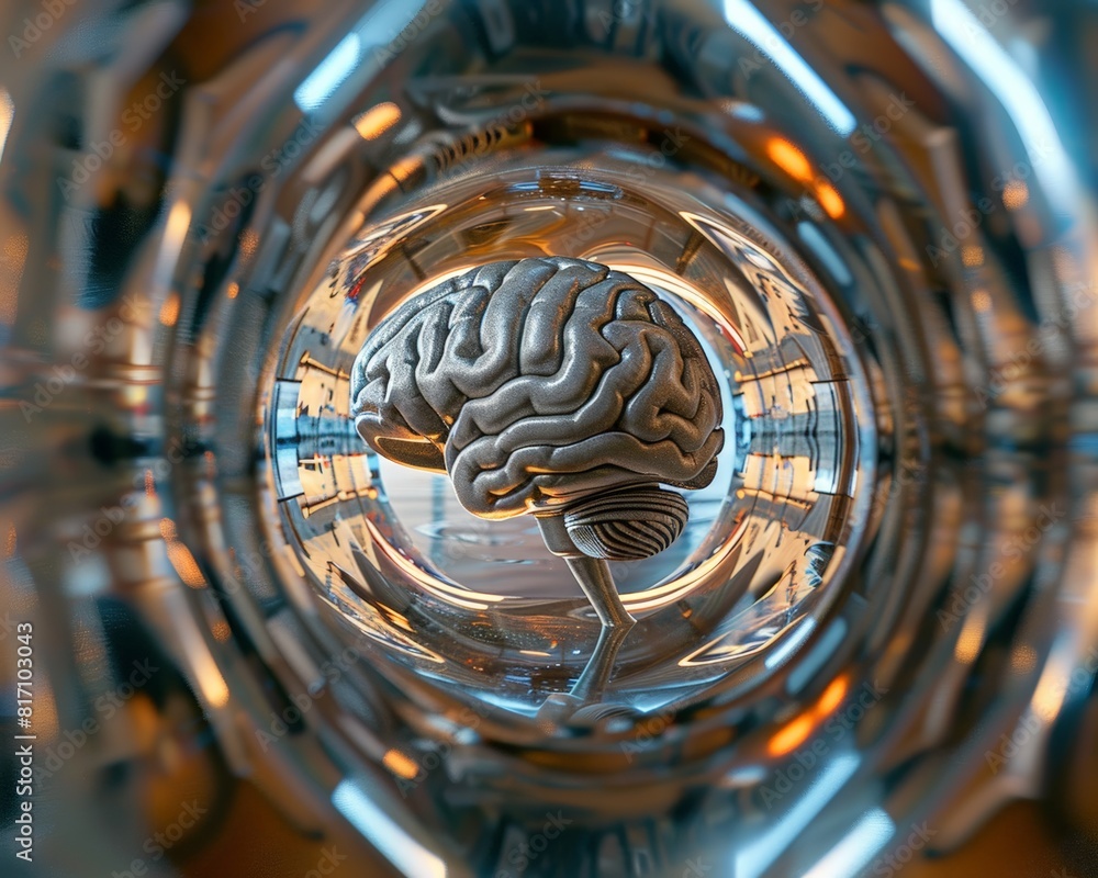 An infinity mirror with a brain at the center, reflecting endlessly ...