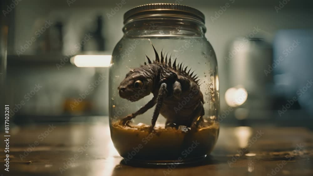 Alien strange creepy mutant creature in a jar, in a laboratory ...