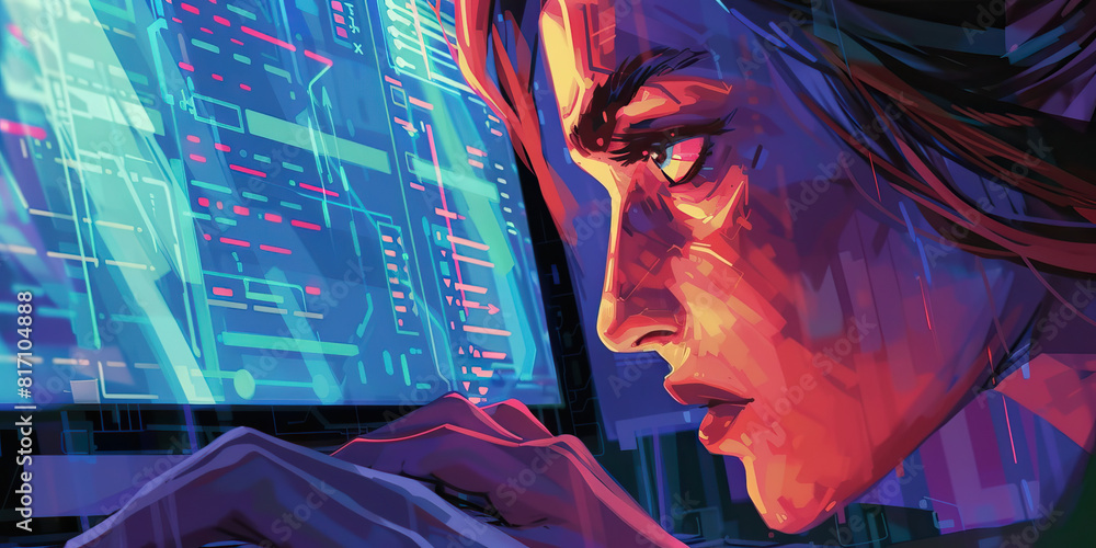 A Netrunner, eyes glued to their monitor, hands flying across the ...