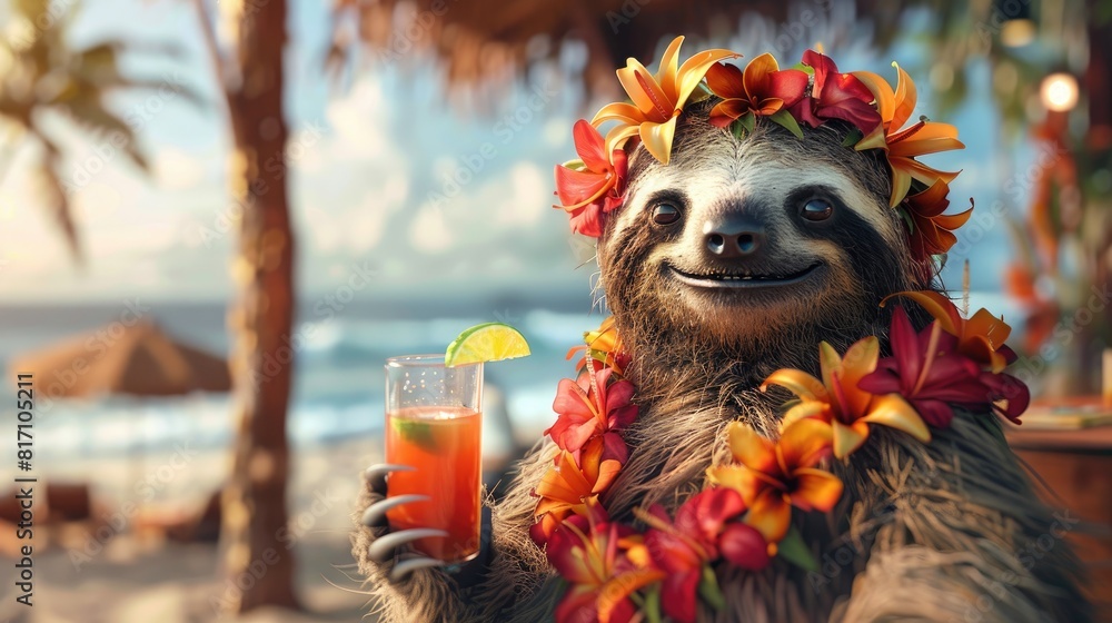 Summer background, A Sloth with hawaiian costume tropical palm and ...