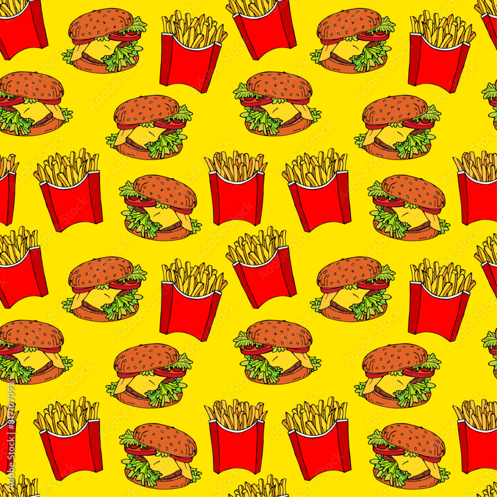 Seamless background with fast food, drawings of french fries and ...