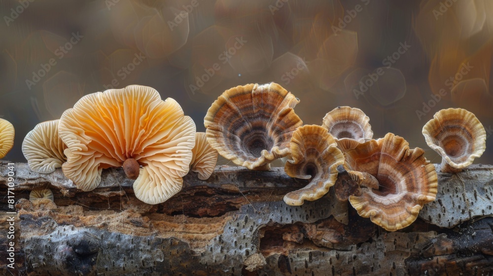 Shelf fungi in various stages of growth on a log, providing a detailed ...