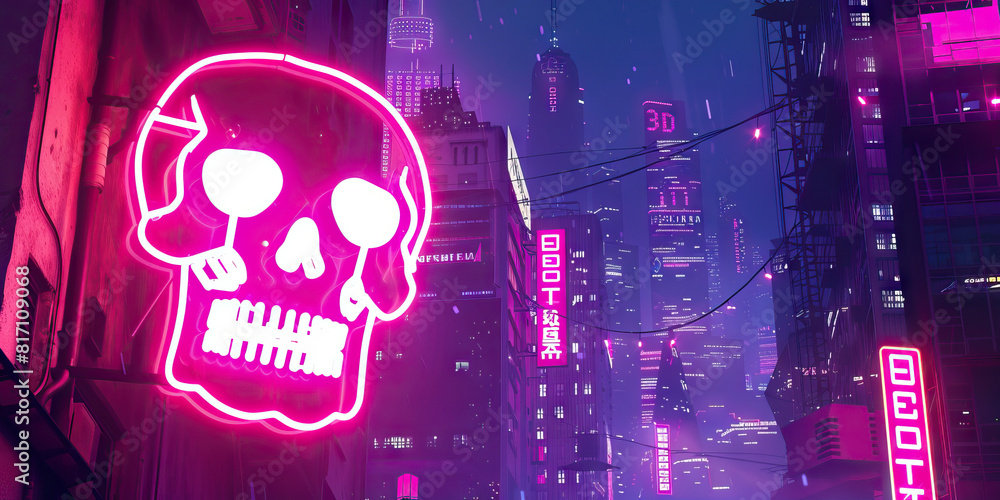 Neon signs in the shape of a skull flicker above a cyberpunk cityscape ...