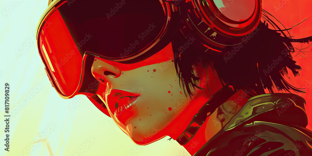 A retro-futuristic rebel, clad in vintage cyberpunk attire, struts ...