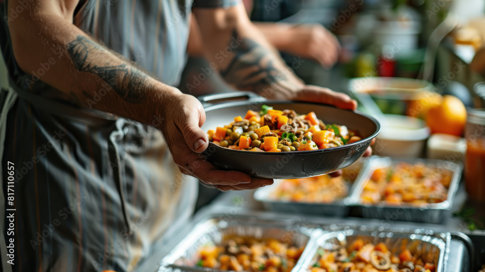 Volunteer hand serving meal to homeless people in shelter. Charity ...