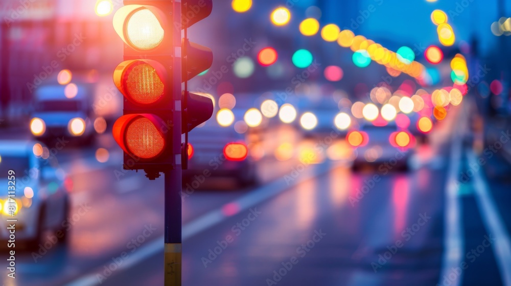 Traffic light at a major highway junction, with multiple lanes of cars ...