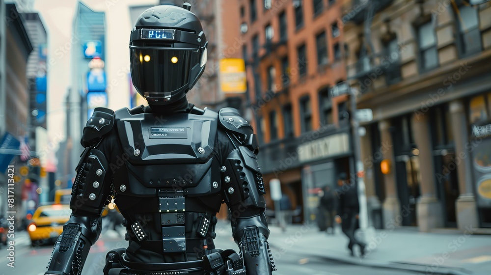 android robot police officer patrolling streets, concept of futuristic ...