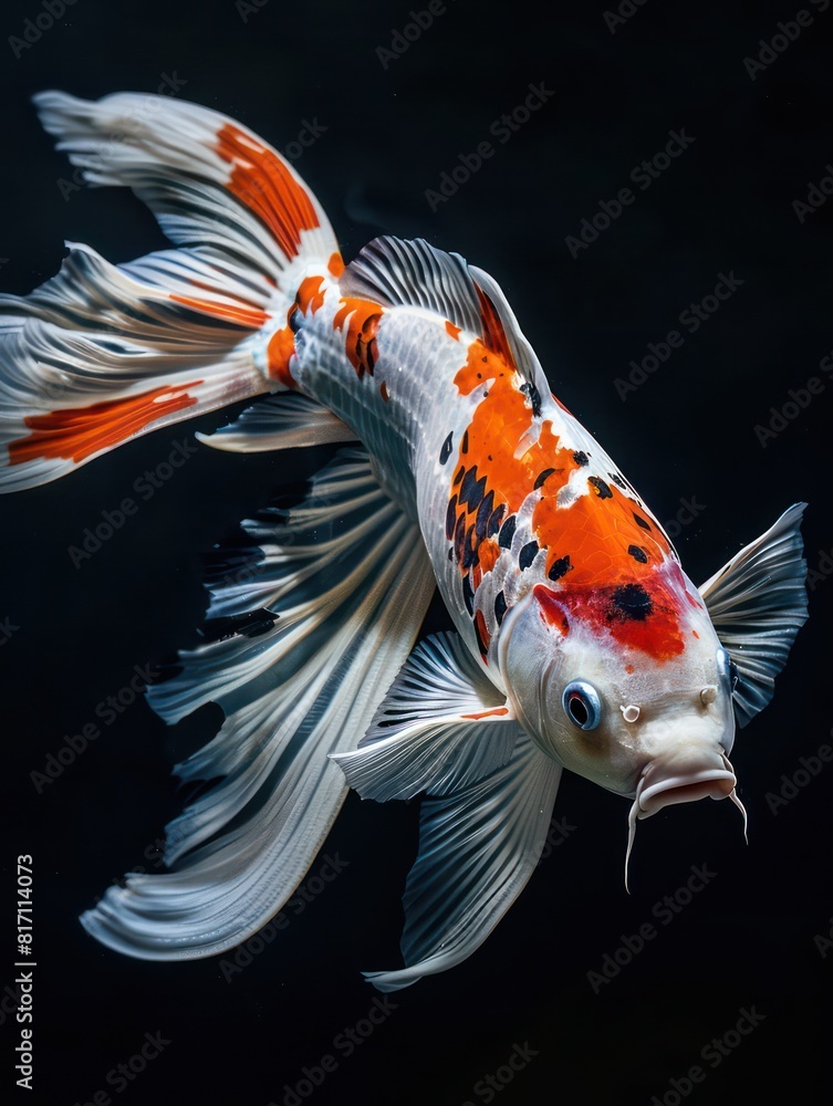 beautiful koi with fabulous fins, pure white with rich red spots ...