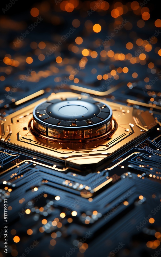 Quantum processor illuminated by distant stars, side view, cosmic ...